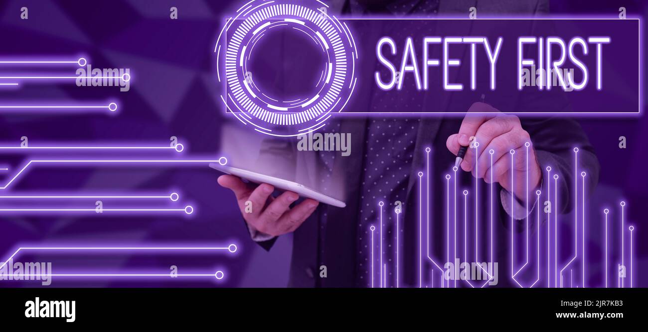 Hand writing sign Safety First. Business showcase Avoid any unnecessary ...