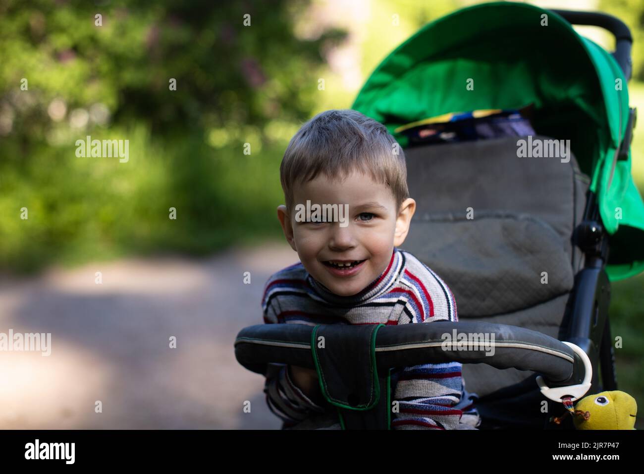 Portrait of little boy posing outside in park Stock Photo - Alamy