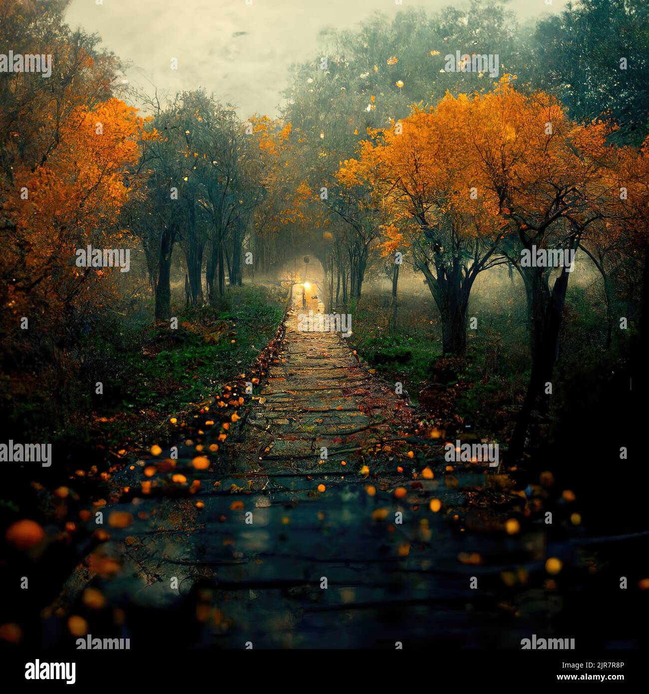 Surreal path of gratitude in forest with amazing light, 3d illustration ...