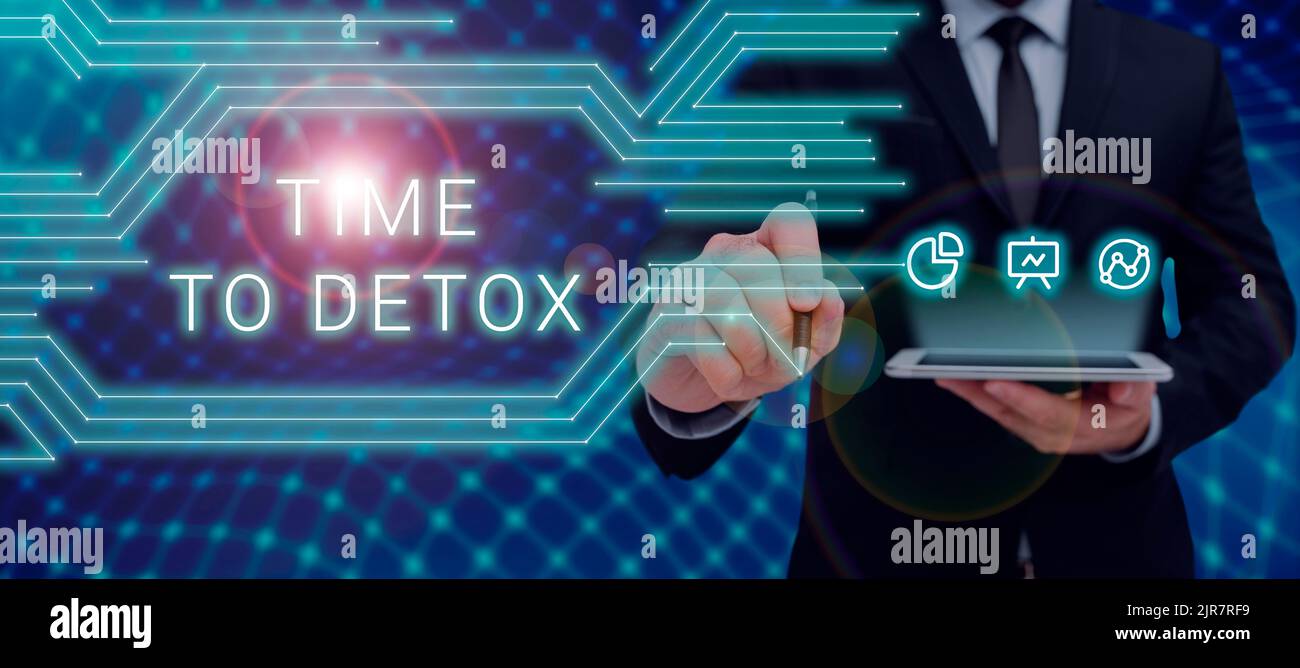 Hand writing sign Time To Detox. Word Written on Moment for Diet ...