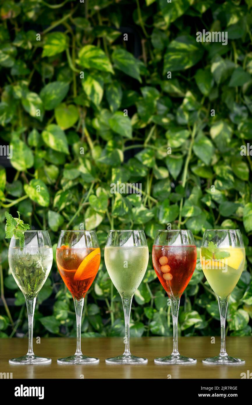 mixed spritzer wine cocktails selection with fruit in outdoor bar table ...