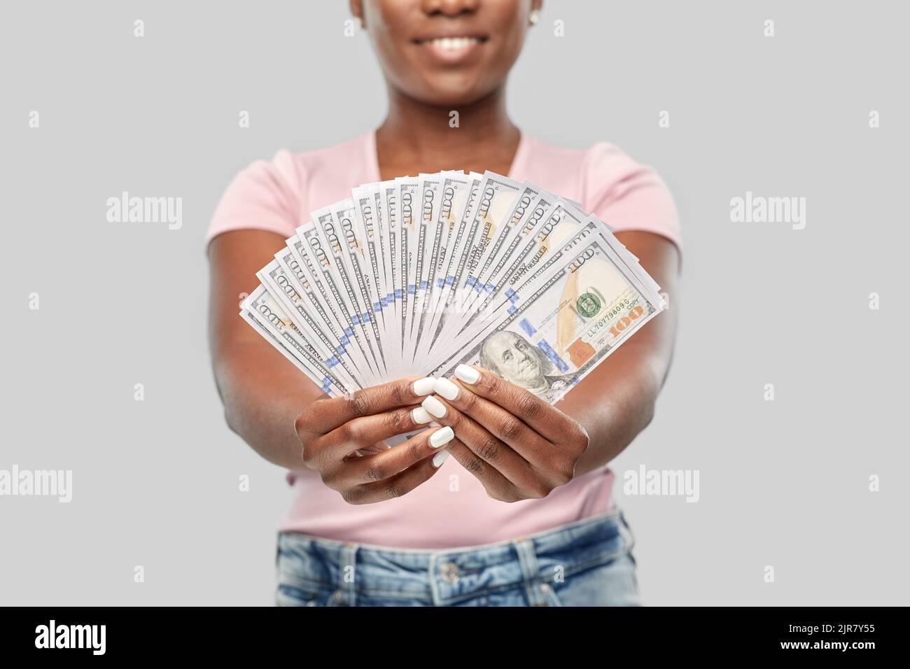happy african american woman with dollar money Stock Photo - Alamy