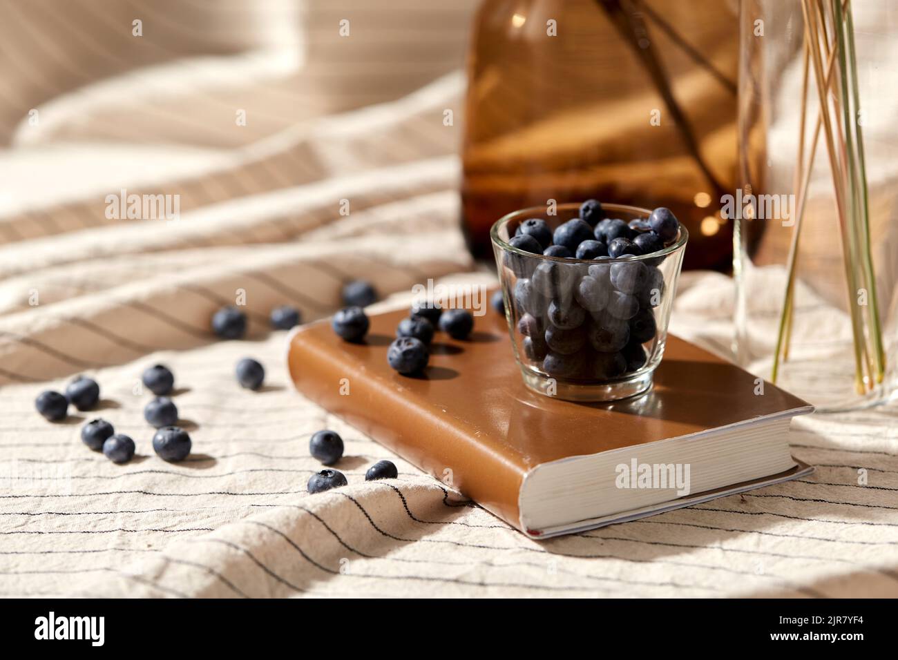 cup of blueberry, book and dried flowers in vases Stock Photo - Alamy