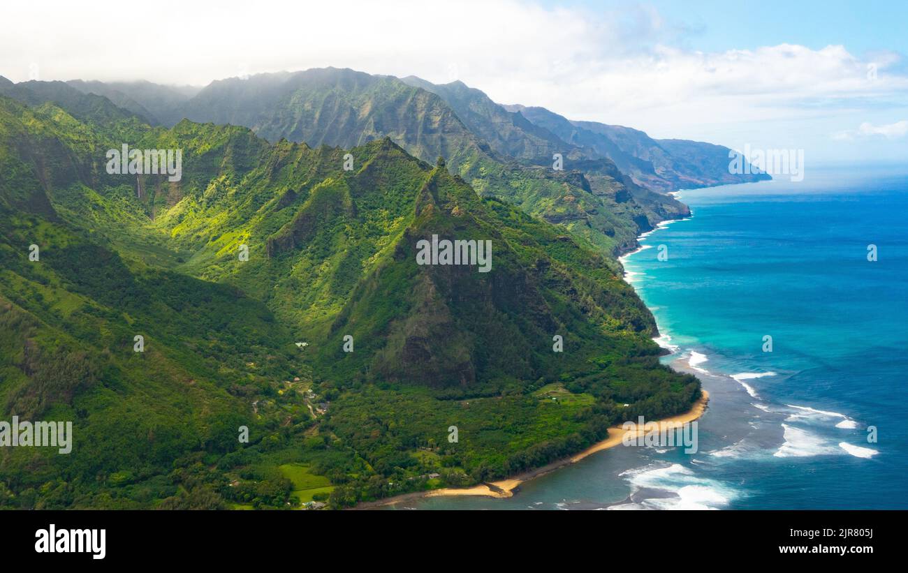 A scenic bird's eye view of a beautiful blue sea surrounded with ...