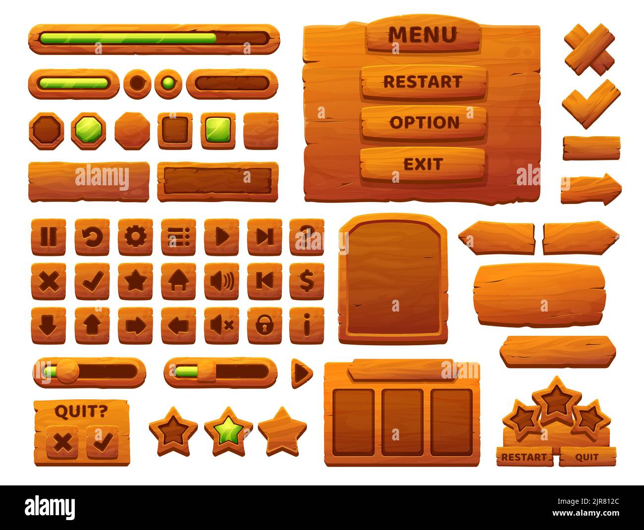 Wooden buttons cartoon interface. UI game, GUI elements with wooden ...