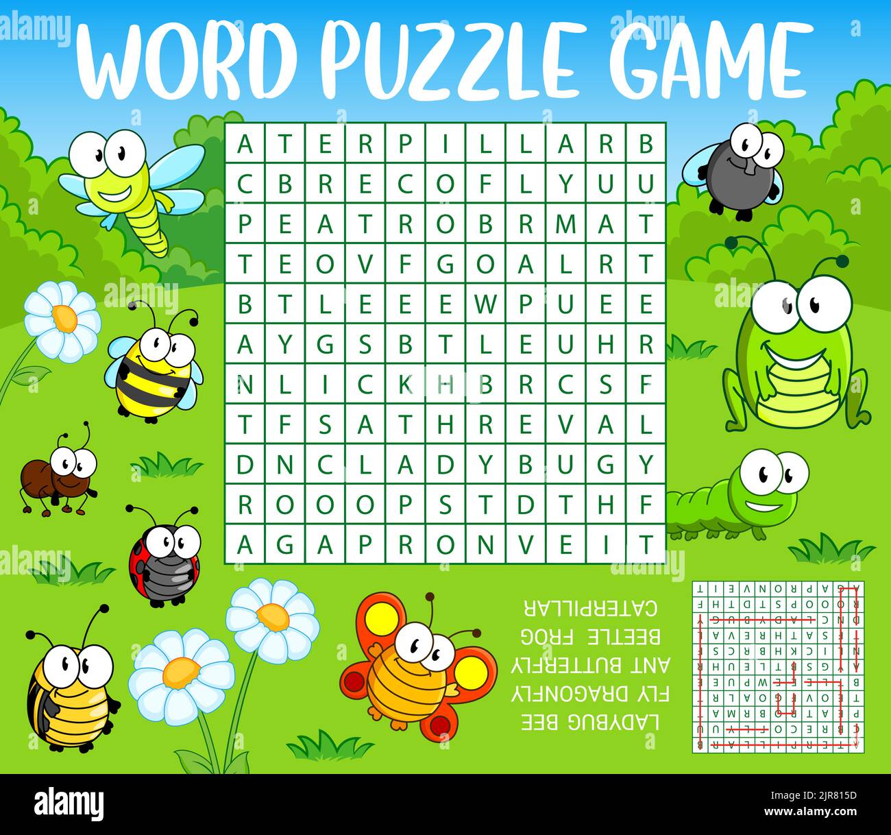 Cartoon insects on green meadow. Word search puzzle game worksheet ...
