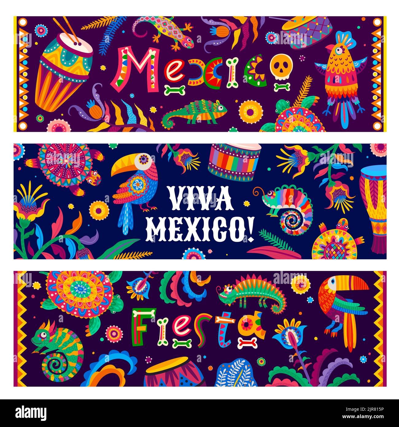 Viva Mexico, brazilian fiesta holiday banners. Vector mexican toucan ...