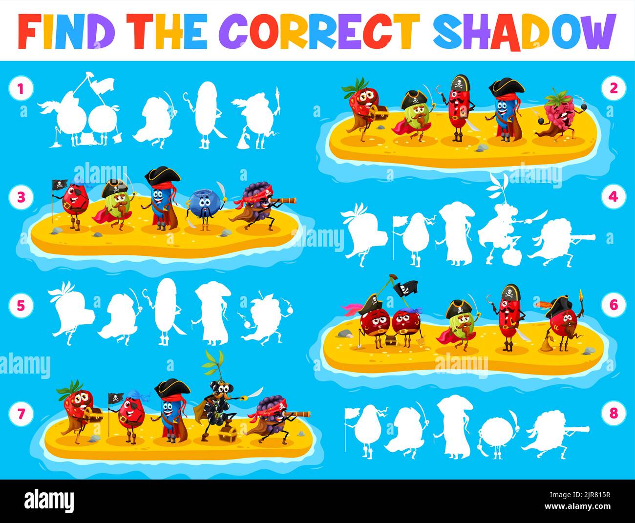 Find the correct shadow of cartoon berry pirate and corsair characters ...