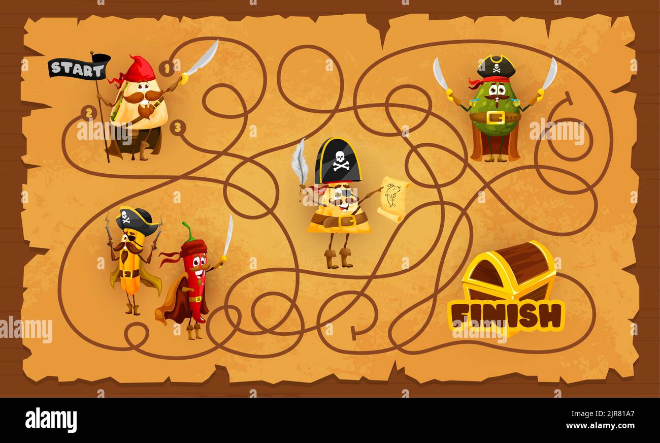 Labyrinth maze game. Cartoon mexican food pirate and corsair characters ...