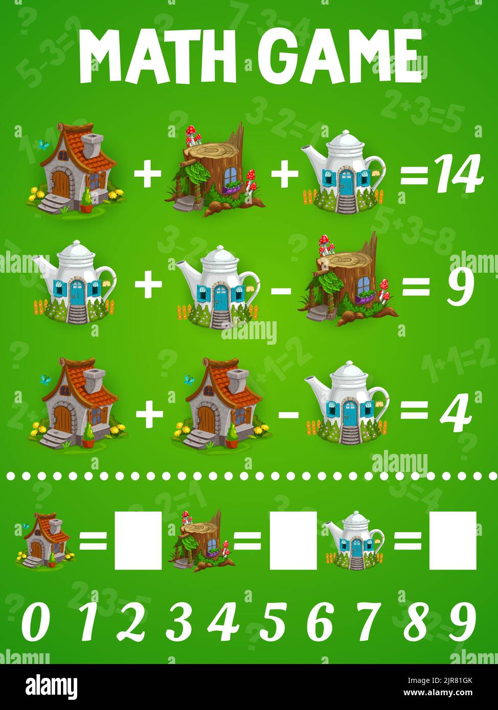 Math game worksheet, cartoon elf and gnome house buildings puzzle quiz ...