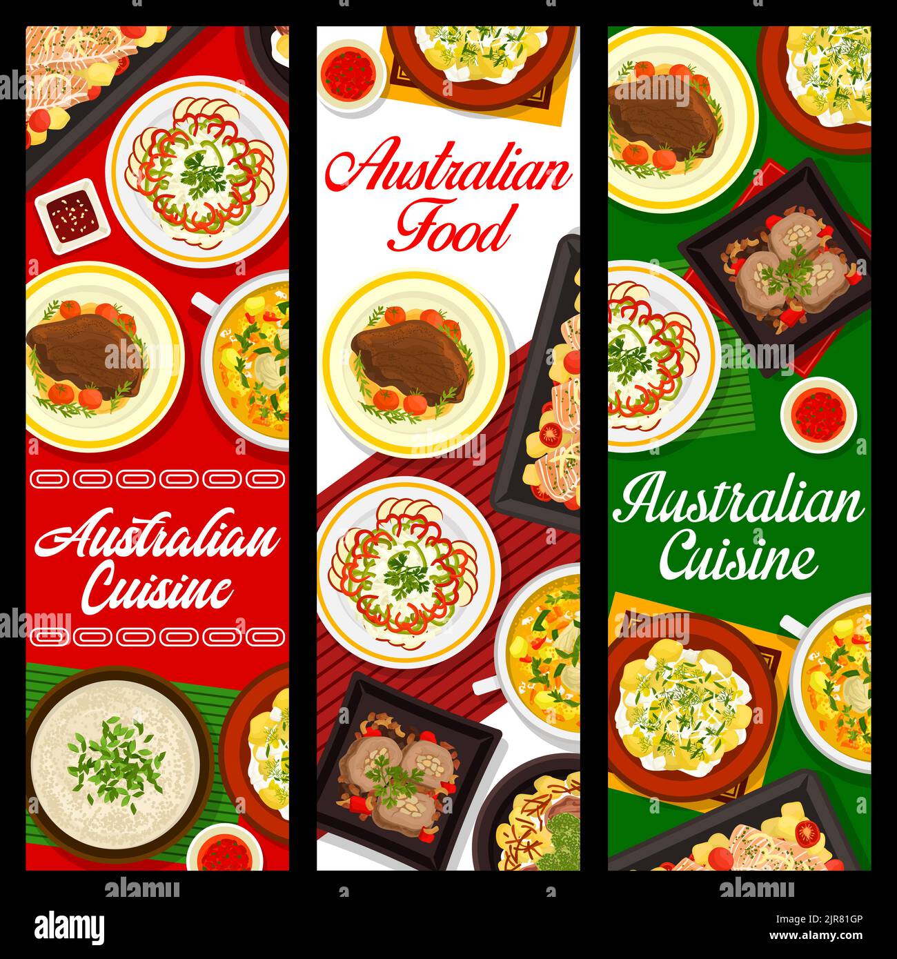 Australian food vector dishes of bbq meat, fish and vegetable meal ...