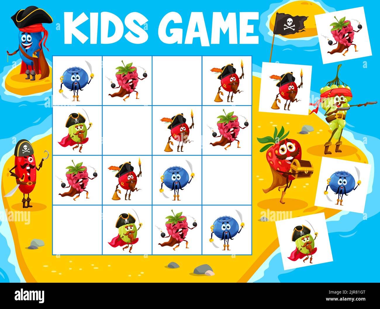 Sudoku kids game, cartoon berry pirates and corsairs on treasure island ...