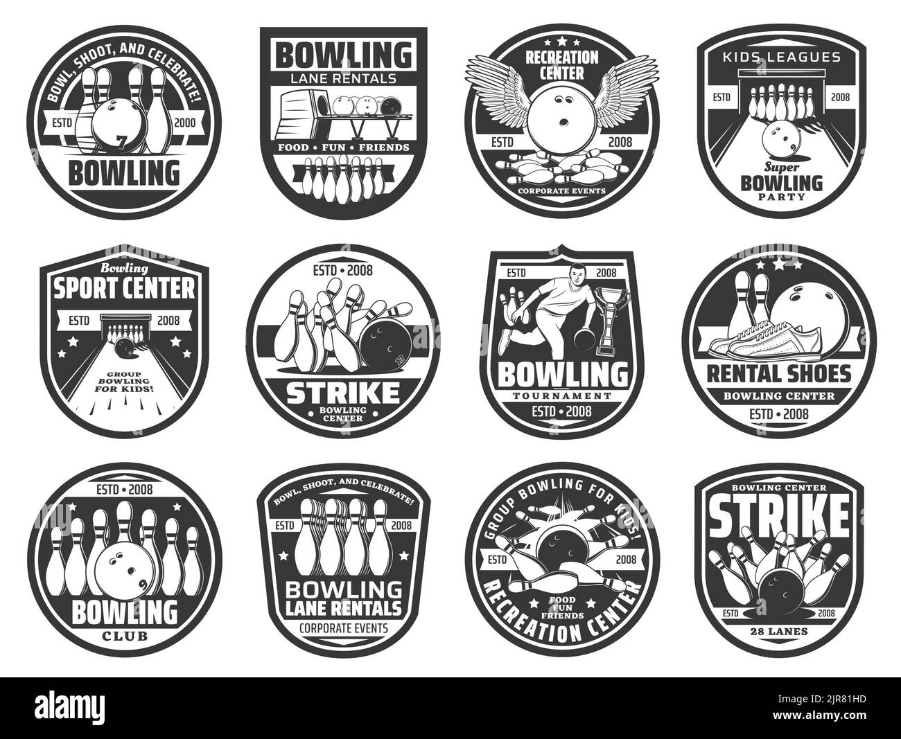 Bowling club ball icons, team strike pin game, vector tournament ...