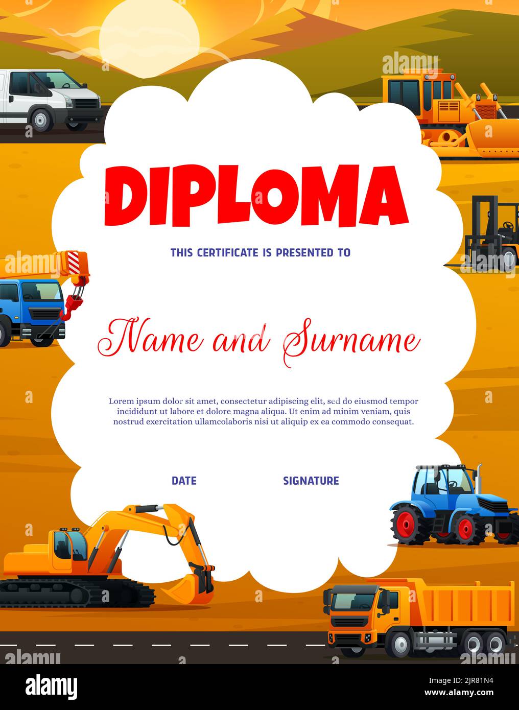 Kids diploma. Construction machinery industrial transport. Kindergarten ...