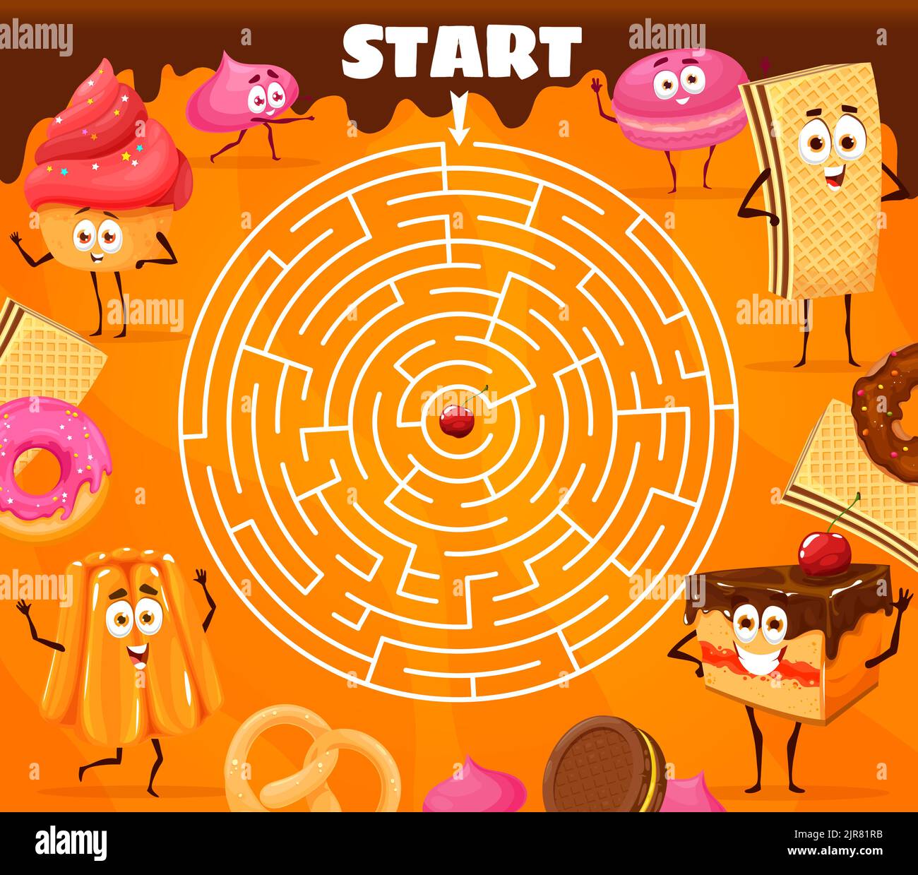 Round labyrinth maze cartoon bakery, sweets and dessert characters ...