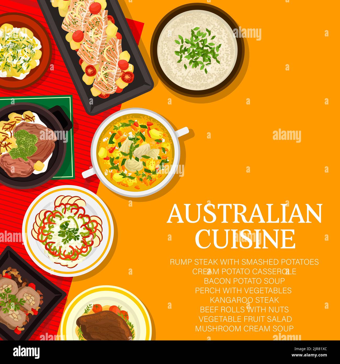 Australian cuisine food vector menu cover with bbq meat, fish and ...