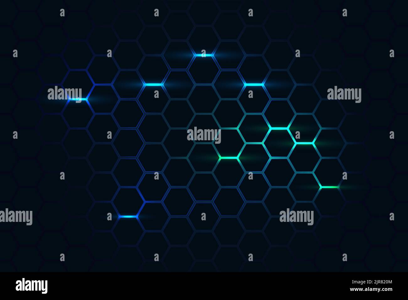 Dark hexagon abstract technology background with blue and green colored bright flashes under ...
