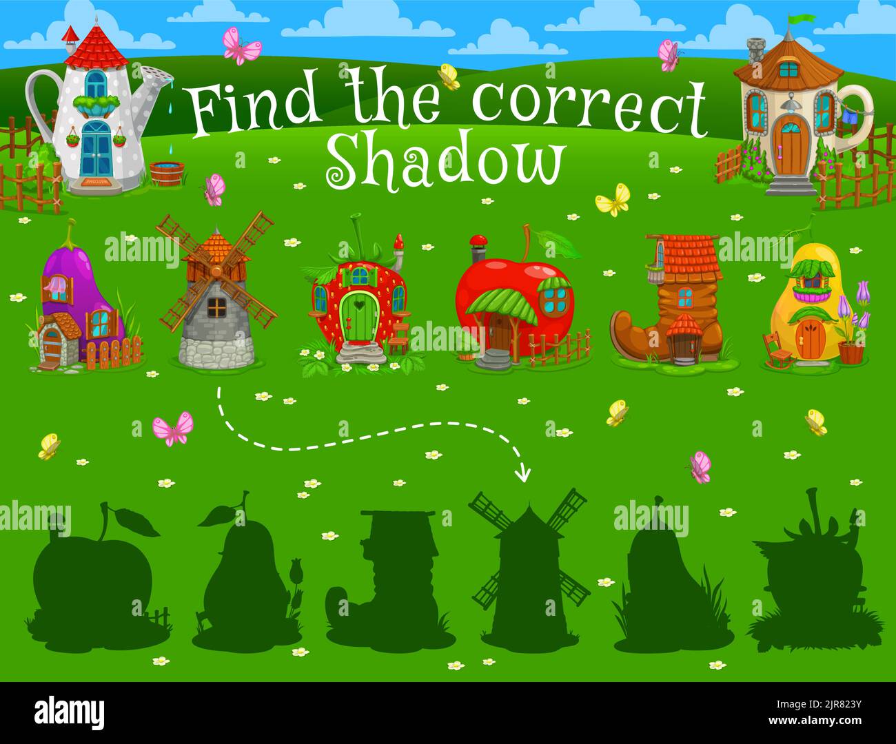 Find the correct shadow of fairytale magic houses and dwellings. Kids ...