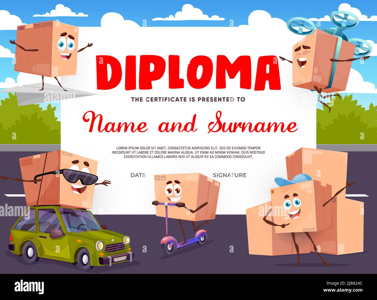 Kids diploma cartoon package box characters. Vector educational school ...