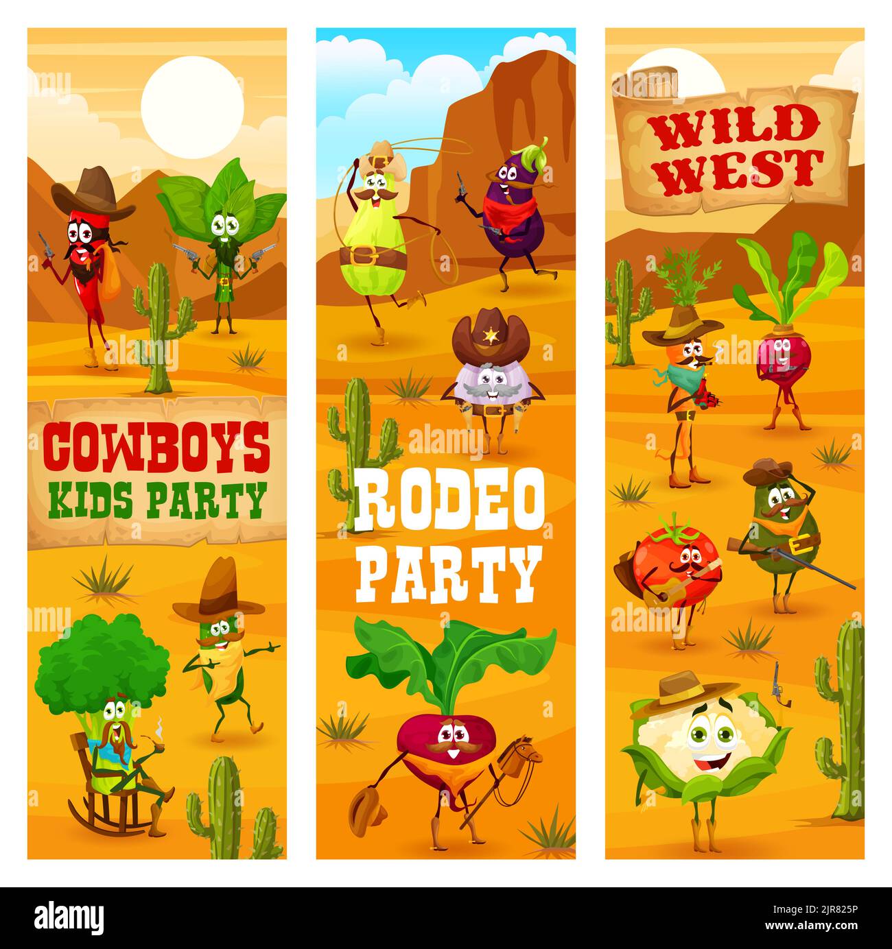 Wild West. Western cowboy and rodeo party. Cartoon vegetable characters ...
