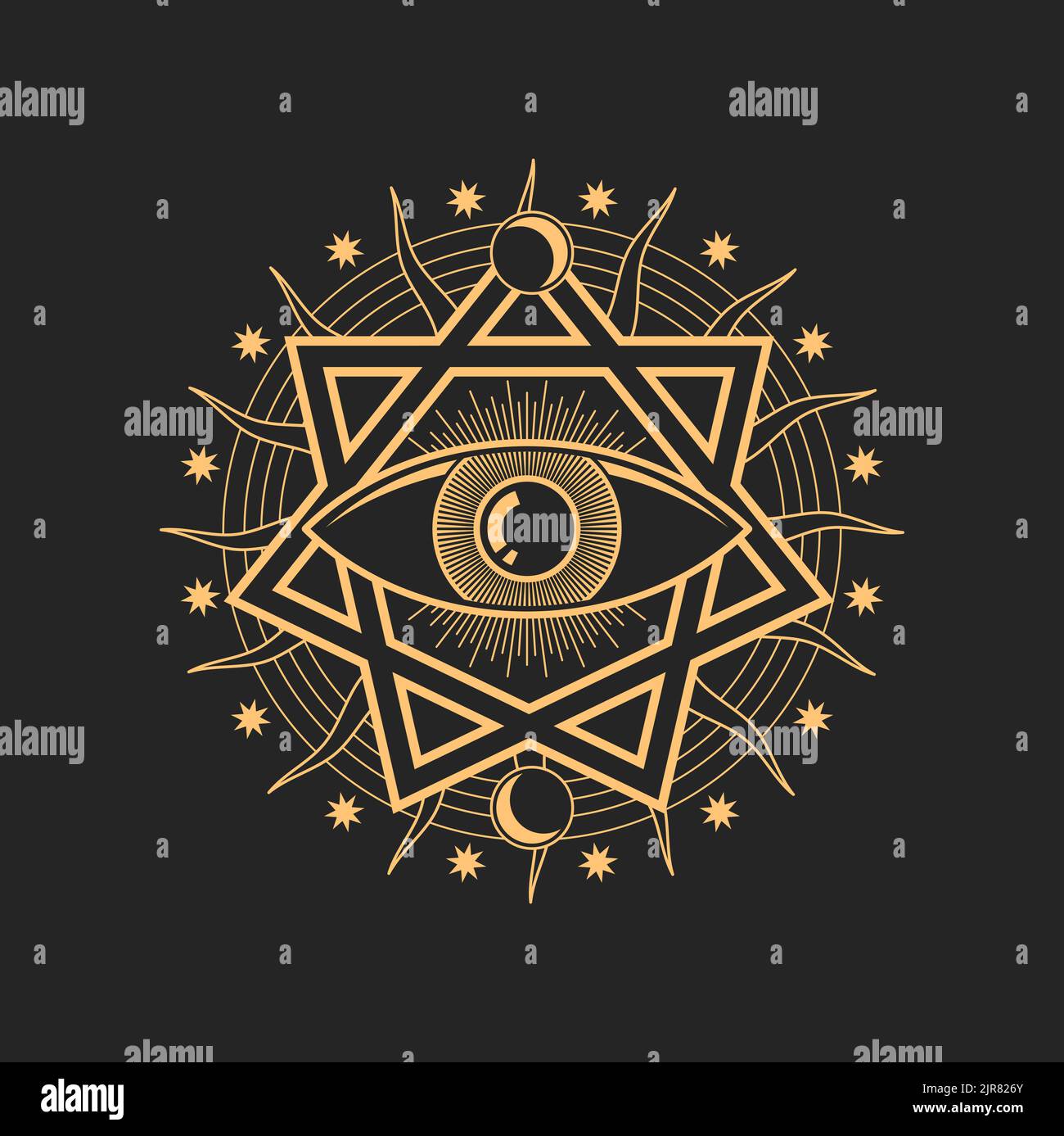 Magic tarot sign, eye occult and esoteric symbol, pentagram star, sun ...
