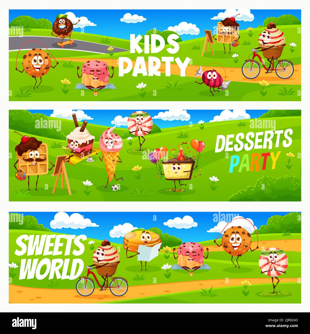 Kids party. Cartoon desserts, sweets and cake characters on meadow ...