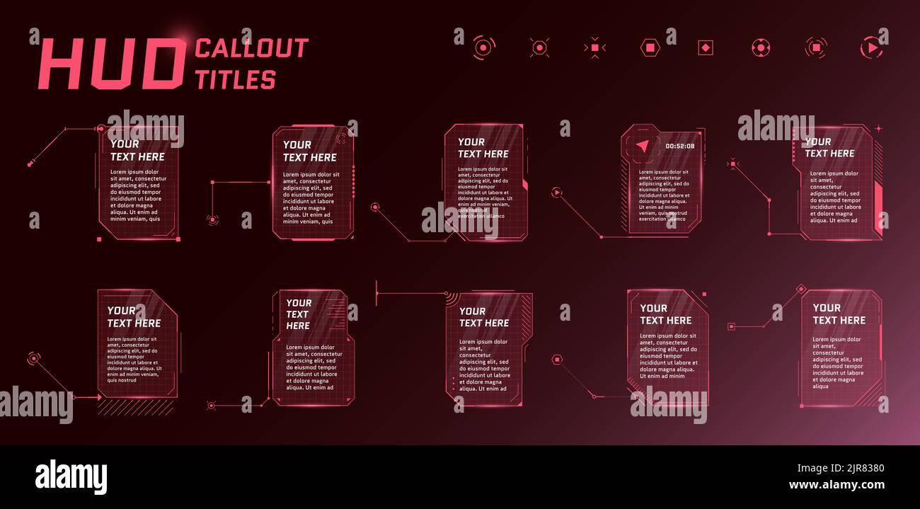 HUD futuristic style callout titles on red background. Infographic call ...
