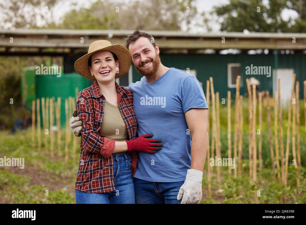Farmer couple, fresh produce and portrait with garden for healthy ...
