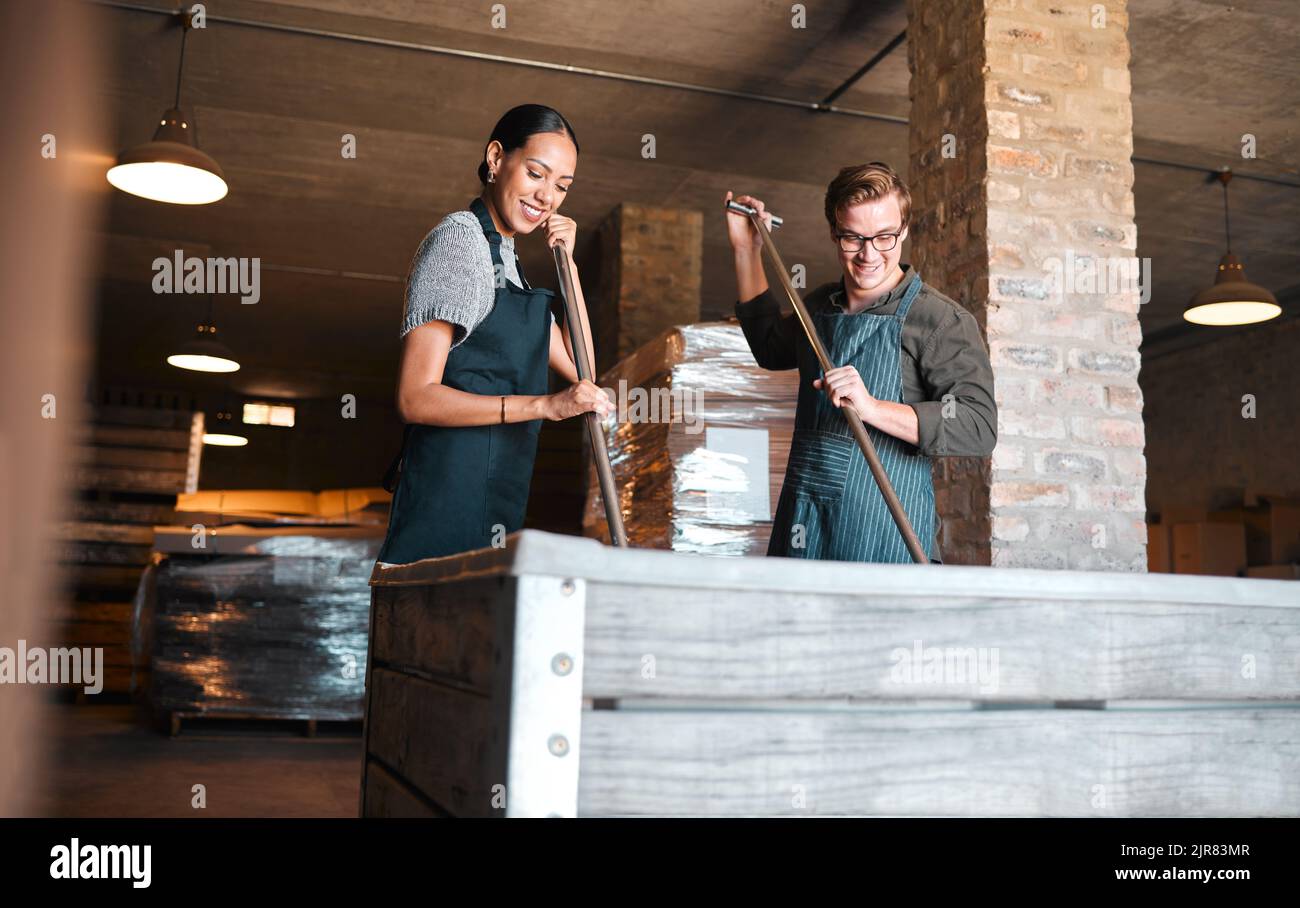 Wine making, production and cellar workers holding press tool to crush ...