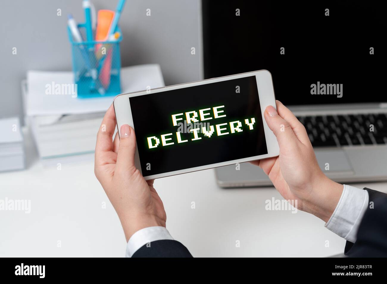 Sign displaying Free Delivery. Word for Shipping Package Cargo Courier ...