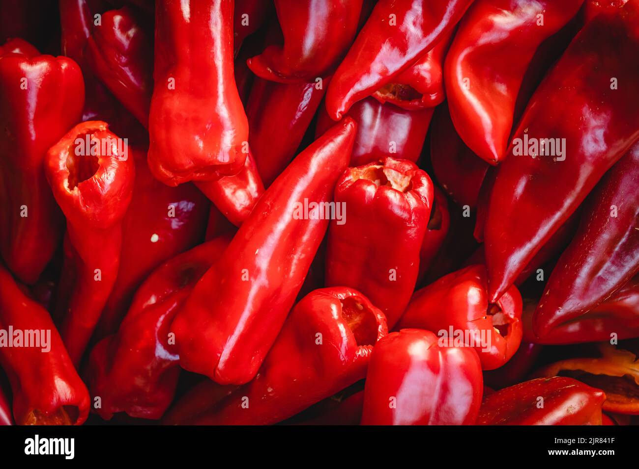 fresh organic red paprika ripe pepper harvested full frame top view ...