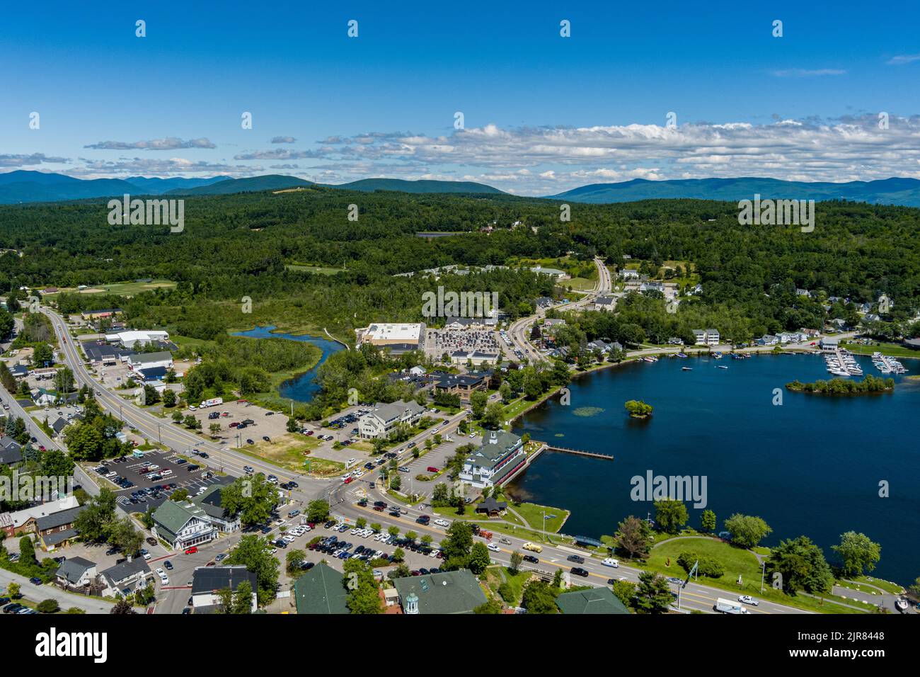 Aerial of the Town of Meredith and Lake Winnipesaukee in Belknap County ...