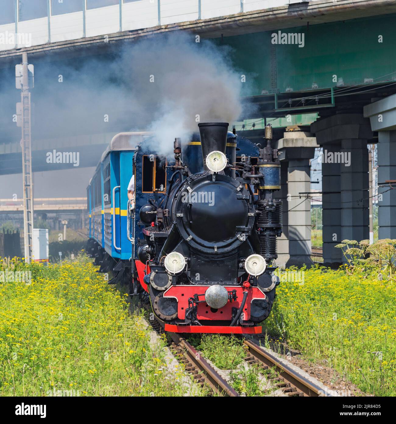 Steam train of Childrens railway approaches to the station. Saint ...