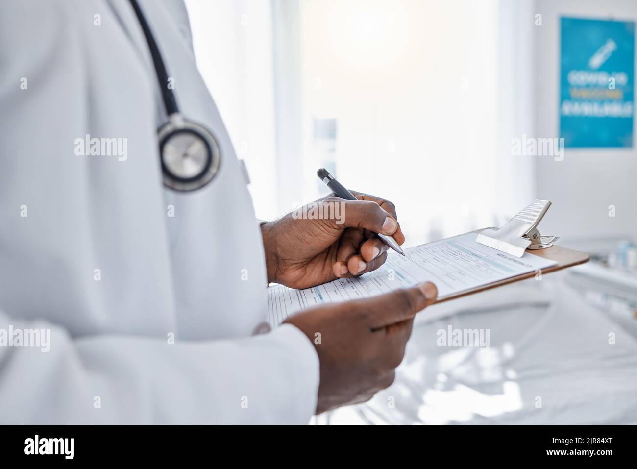 Medical, insurance and doctor filling out patient history for diagnosis ...