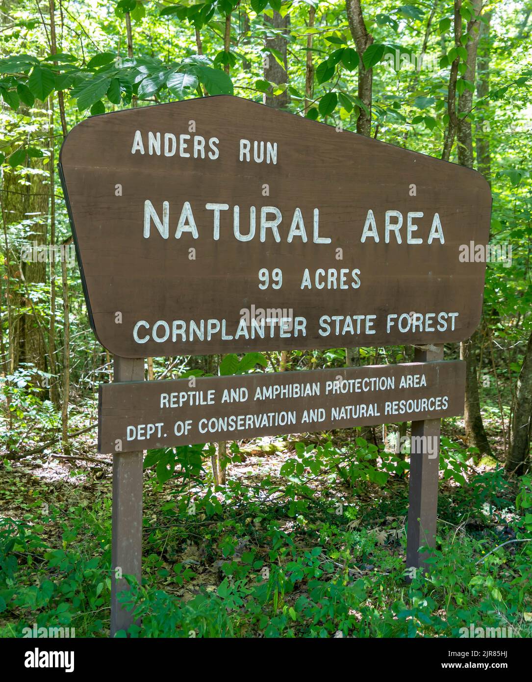 The sign for the Anders Run Natural Area in the Cornplanter State Park ...