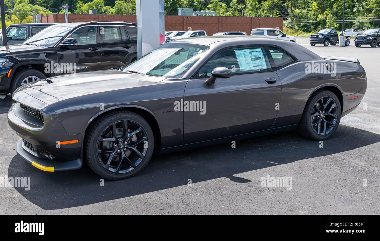 A new 2022 Dodge Challenger RT for sale at a dealership on a sunny ...