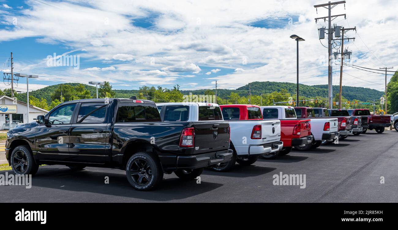 Different color Dodge RAM trucks lined up at a dealership on a sunny ...