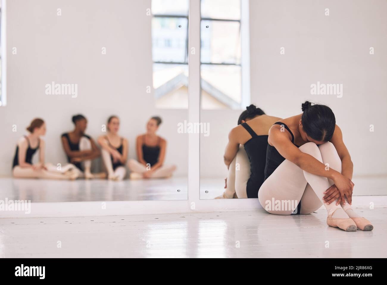 Bullying, stress or sad ballerina in training with ballet dancers ...