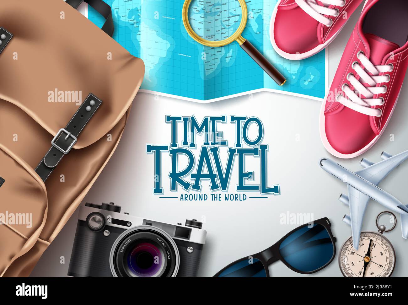 Travel time vector design. Travel around the world text with tourist ...