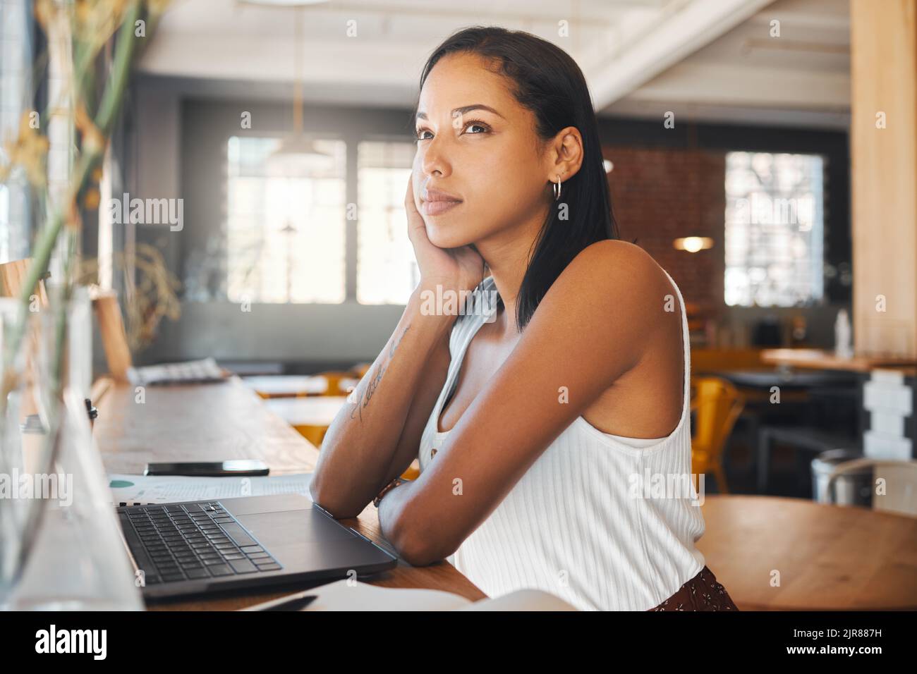 Woman thinking of idea, planning vision and dreaming of solution for ...