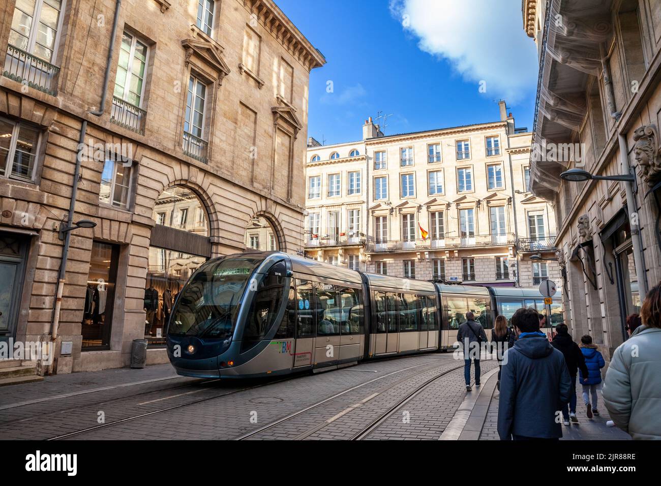 Picture of a bordeaux tram passing by the city center of the city.The ...