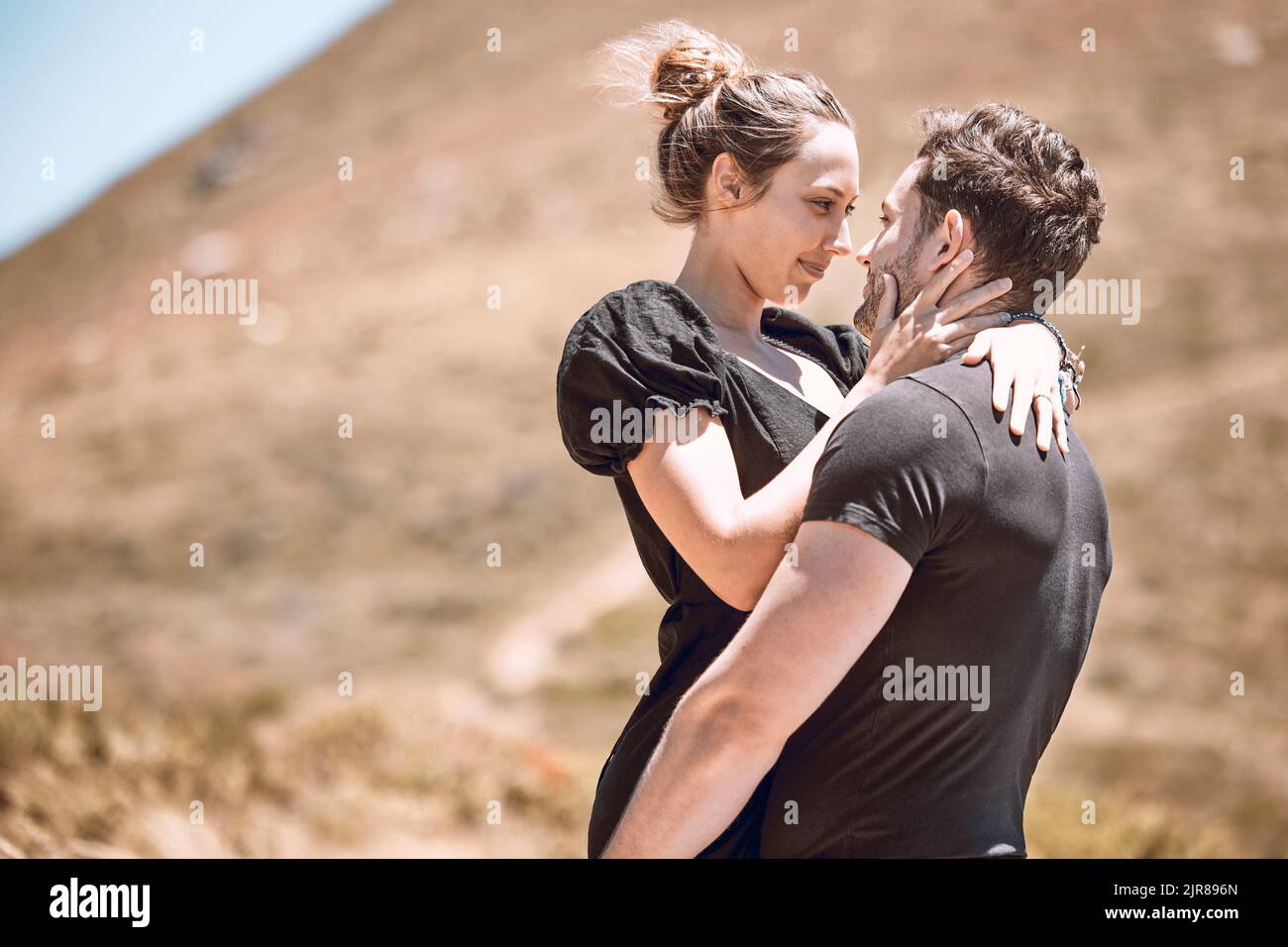 Man, woman and happy couple in nature, bonding on adventure in summer ...