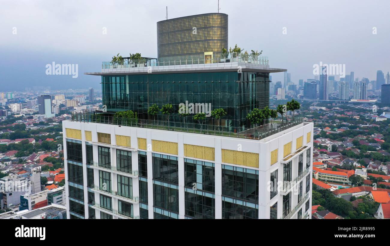 Rooftop terrace on the roof of high-rise apartment building in Jakarta ...