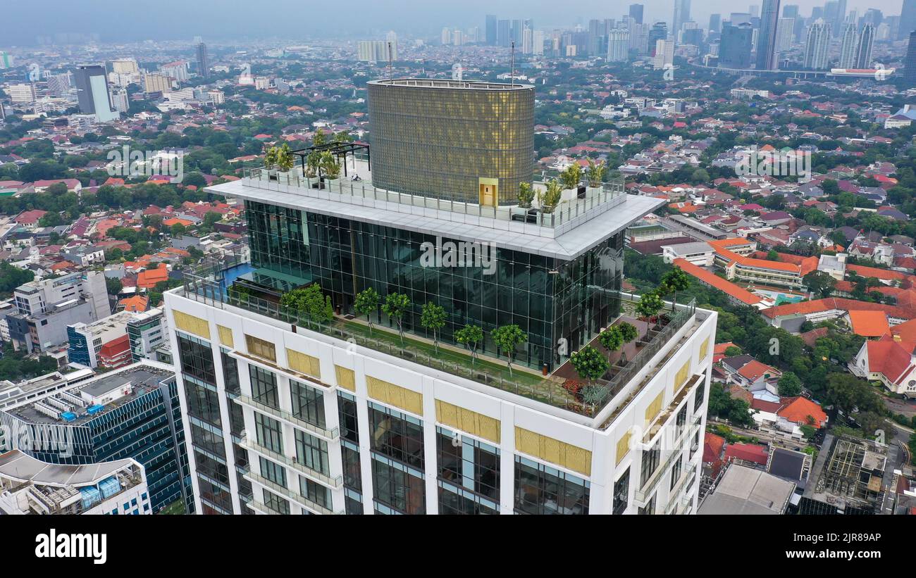 Rooftop terrace on the roof of high-rise apartment building in Jakarta ...