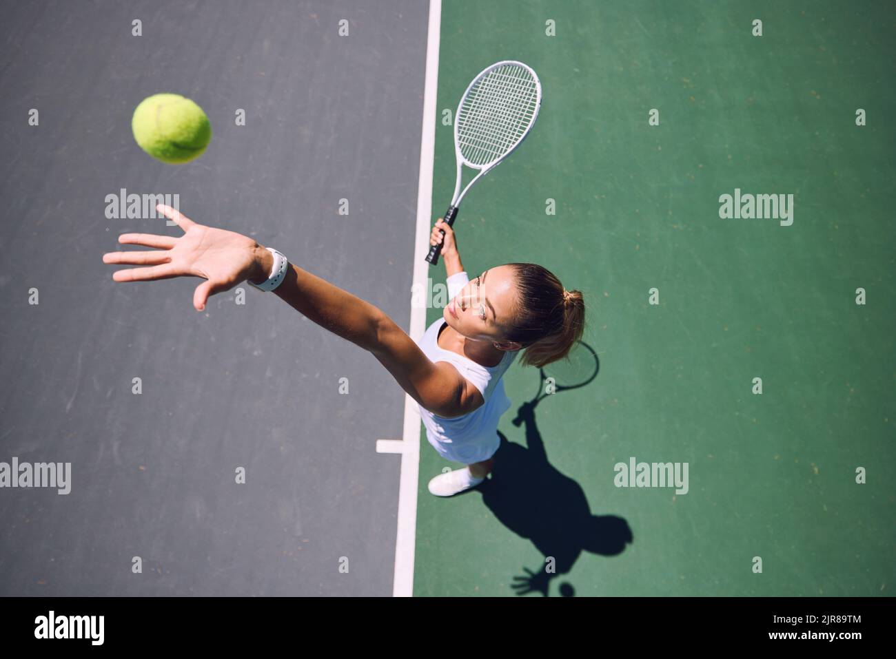 Fit tennis player, sport and serving during training, workout and ...