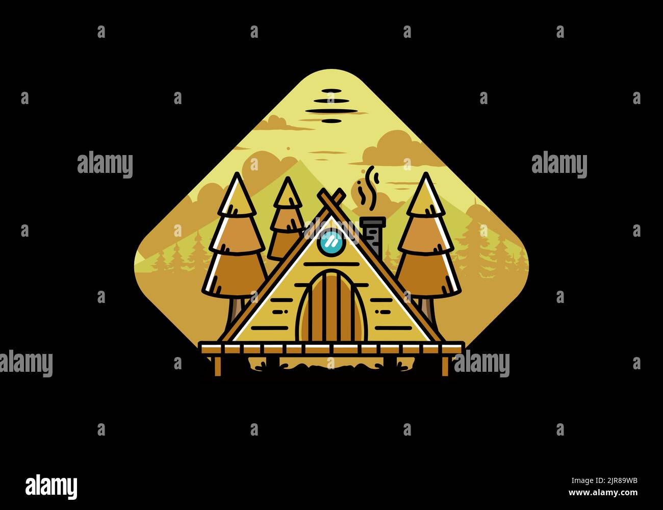 illustration design of a triangle wooden cabin between pine tress Stock ...