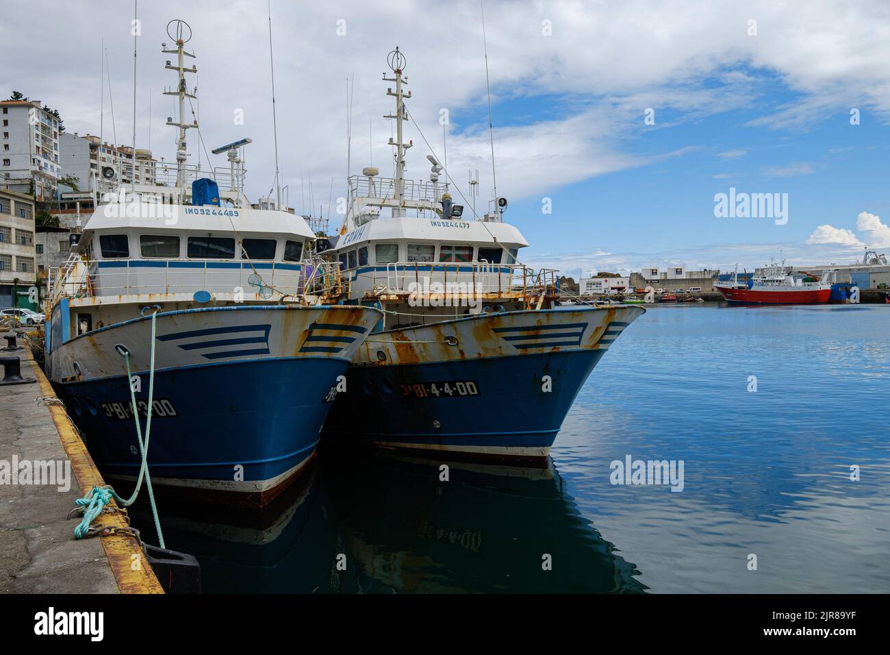 Fishing boats moored at the port of Ondarroa in the province of Vizcaya ...
