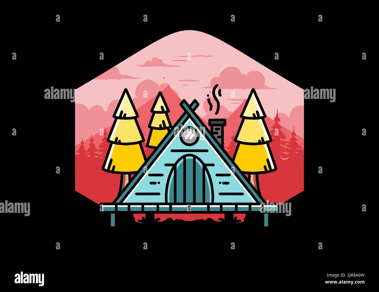 illustration design of a triangle wooden cabin between pine tress Stock ...