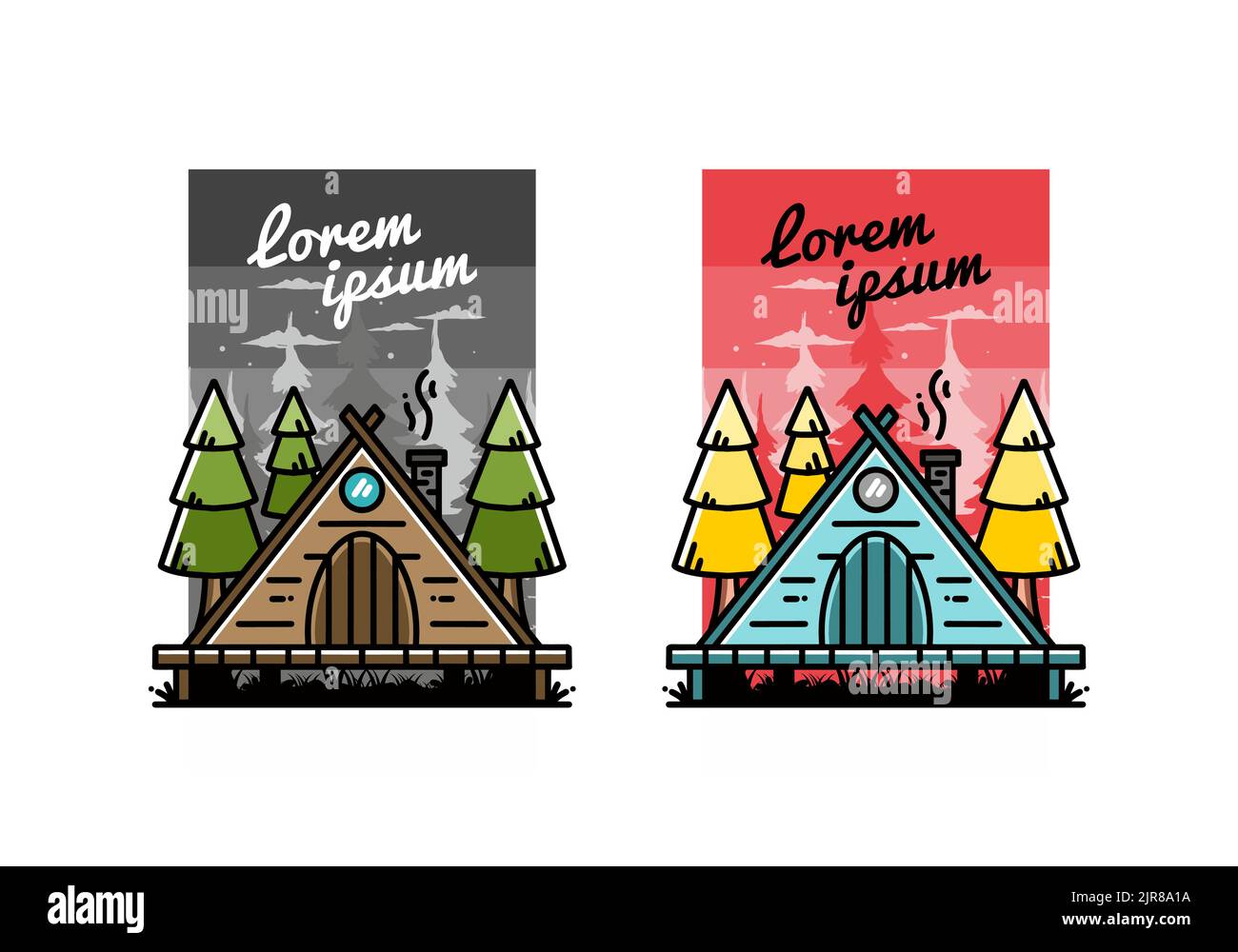 illustration design of a triangle wooden cabin between pine tress Stock ...
