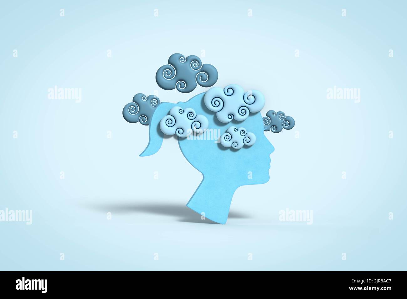 Head with stylised blue clouds, brain fog, long covid, depression ...